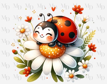 Cute Ladybug on Daisy PNG, Ladybug Clipart, Instant Download, Digital ...