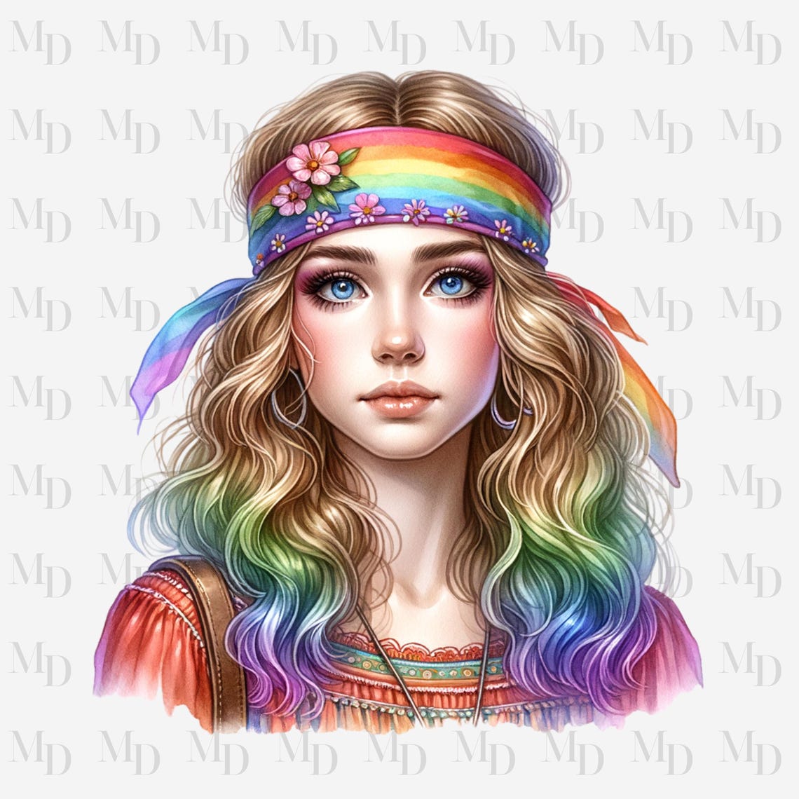 Rainbow Hippie Girl PNG, Clipart, Instant Download, Hippie Design ...