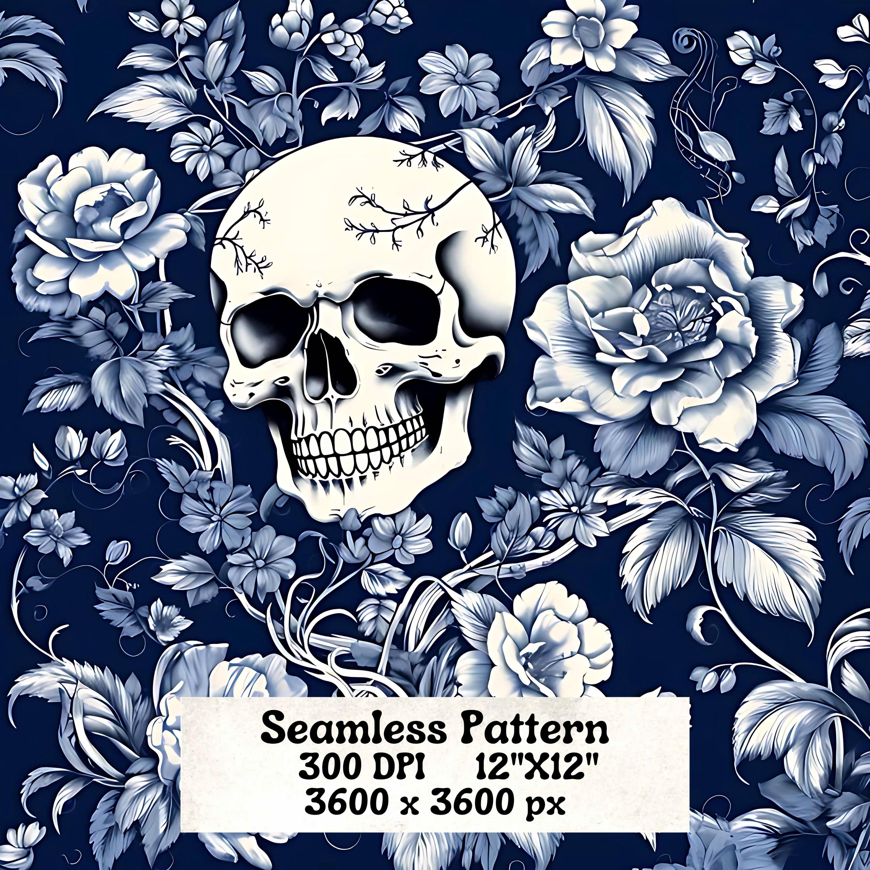 Dark Blue Floral Skull Seamless Pattern, PNG Instant Download, Skull ...