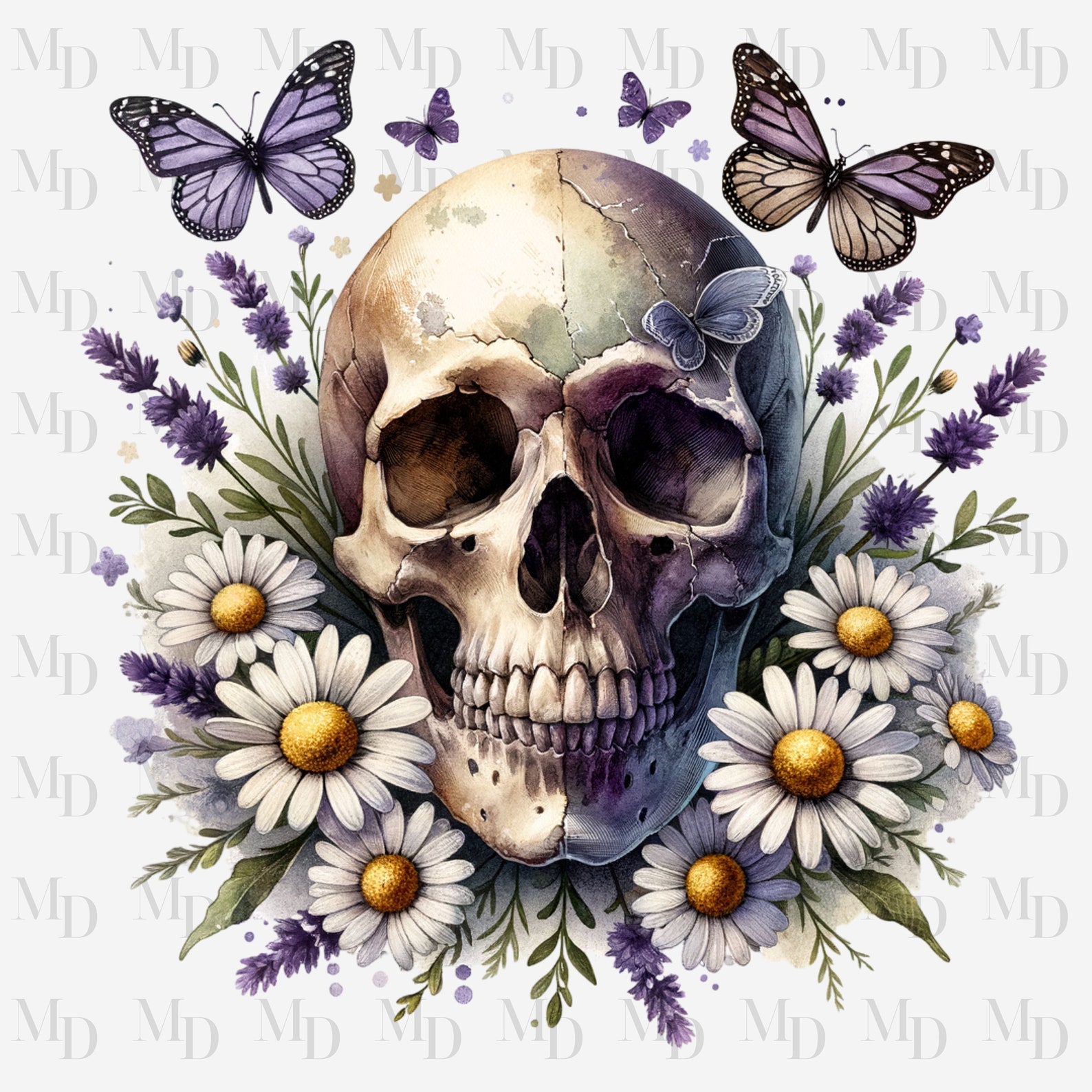 Purple Goth Floral Skull and Butterflies PNG, Clipart, Instant Download ...