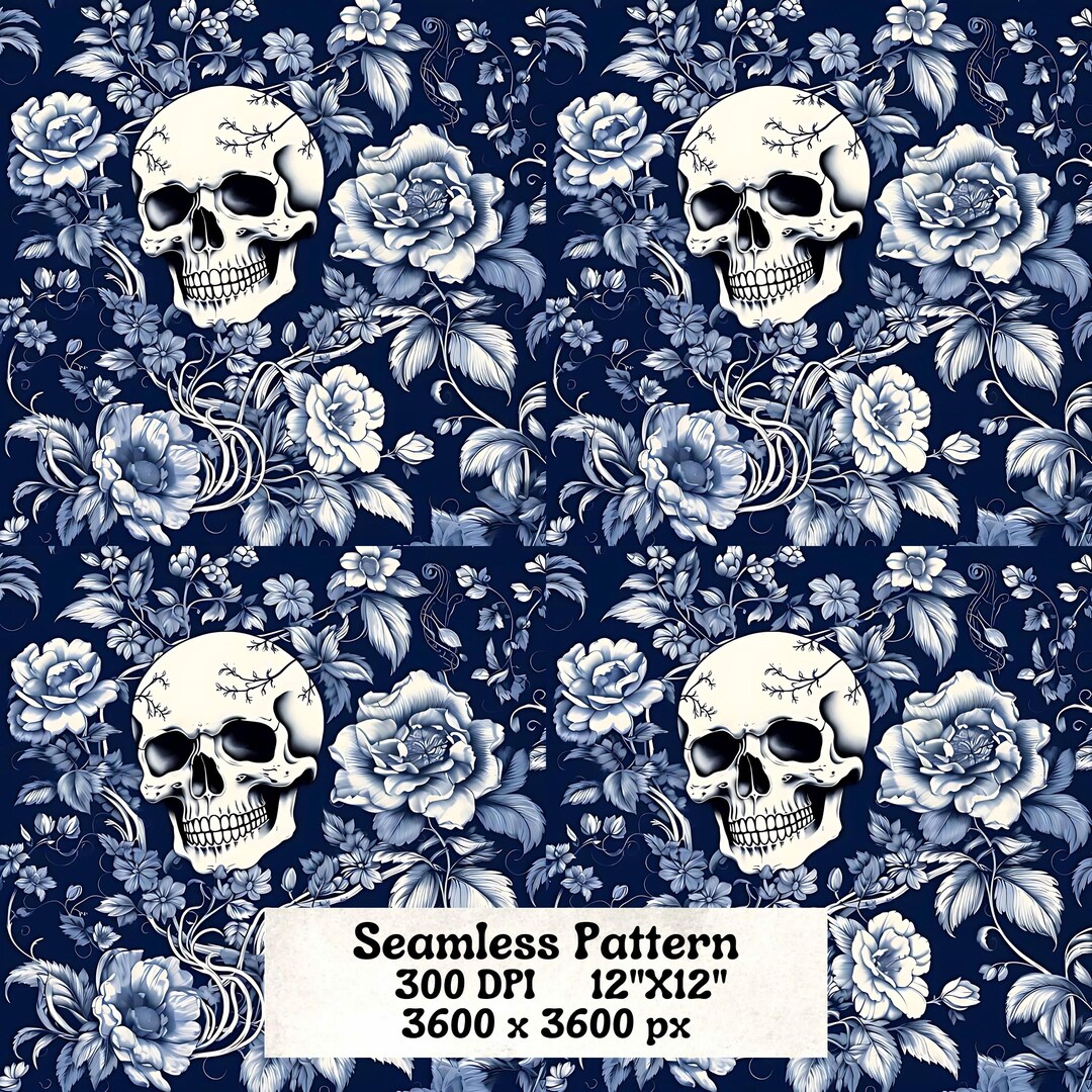 Dark Blue Floral Skull Seamless Pattern, PNG Instant Download, Skull ...