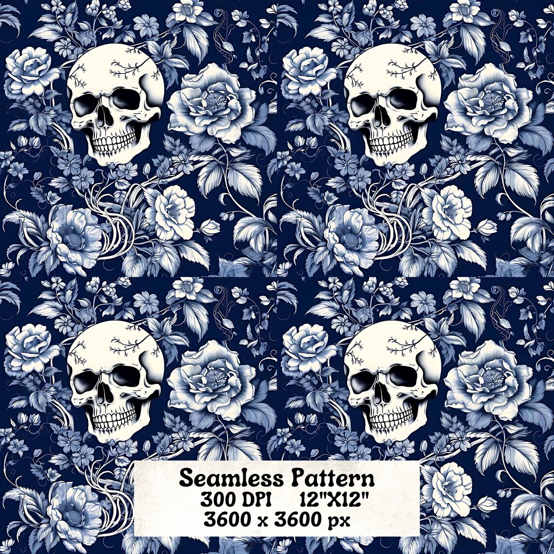 Dark Blue Floral Skull Seamless Pattern, PNG Instant Download, Skull ...