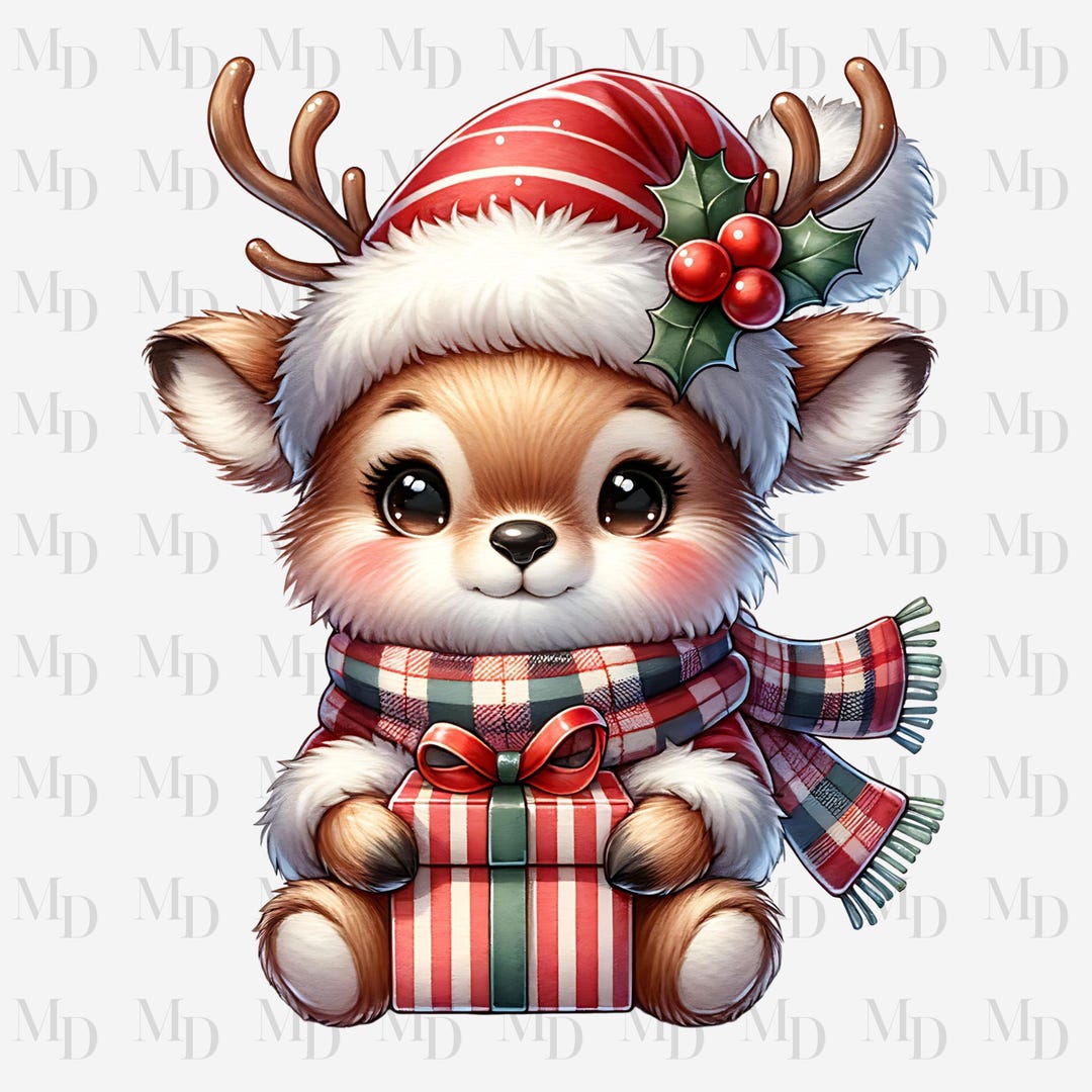 Cute Reindeer Christmas PNG, Cute Deer Wearing Christmas Hat Holding A ...
