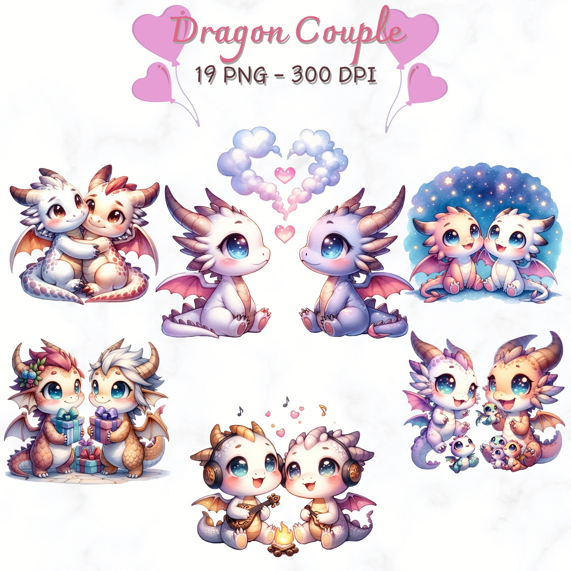 Charming Dragon Couple Clipart Set - 19 High-quality PNG Files Adorable ...