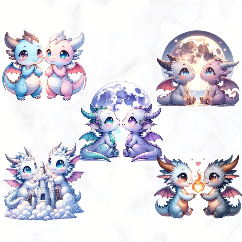 Charming Dragon Couple Clipart Set - 19 High-quality PNG Files Adorable ...