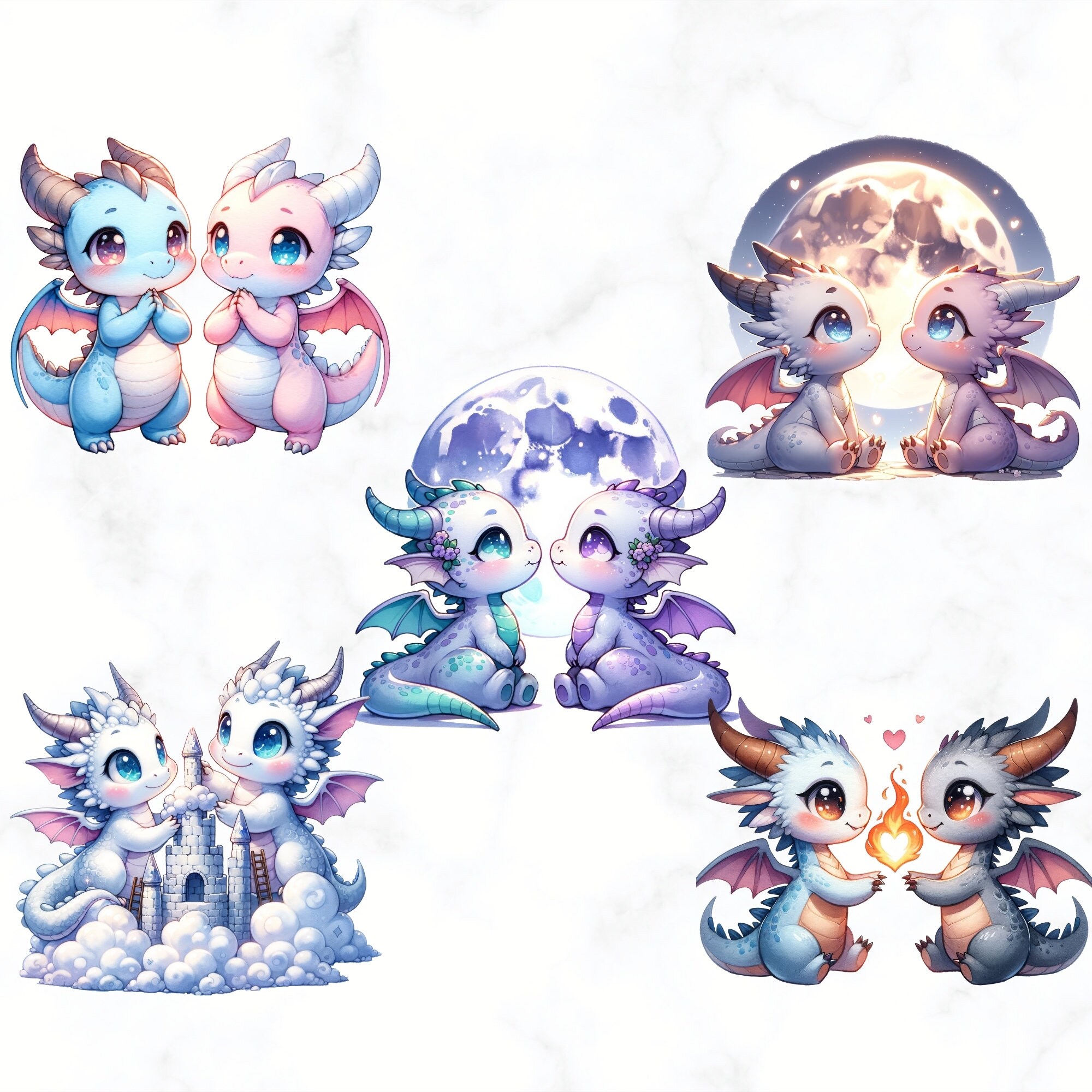Charming Dragon Couple Clipart Set - 19 High-quality PNG Files Adorable ...