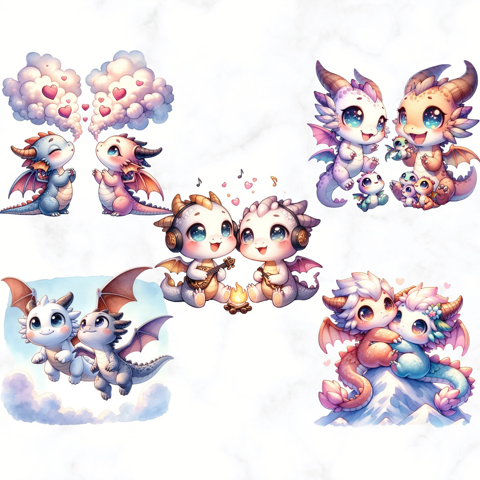 Charming Dragon Couple Clipart Set - 19 High-quality PNG Files Adorable ...