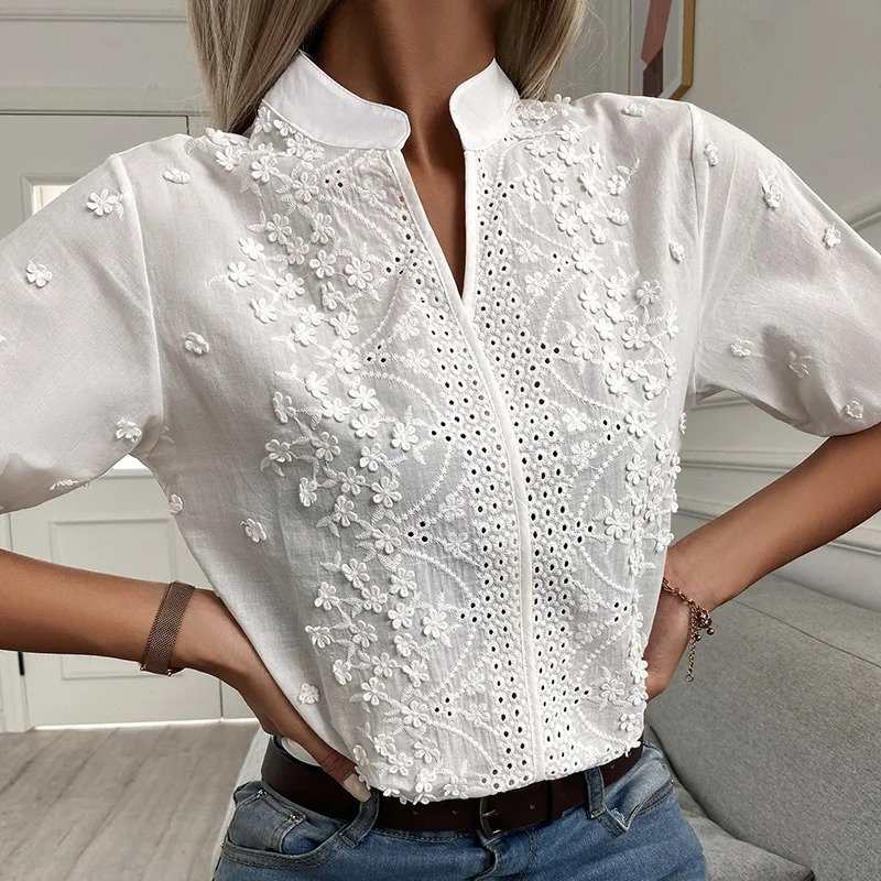 Sophisticated Solid V-neck Lace Blouse: Floral Embroidery, Puff Sleeves ...
