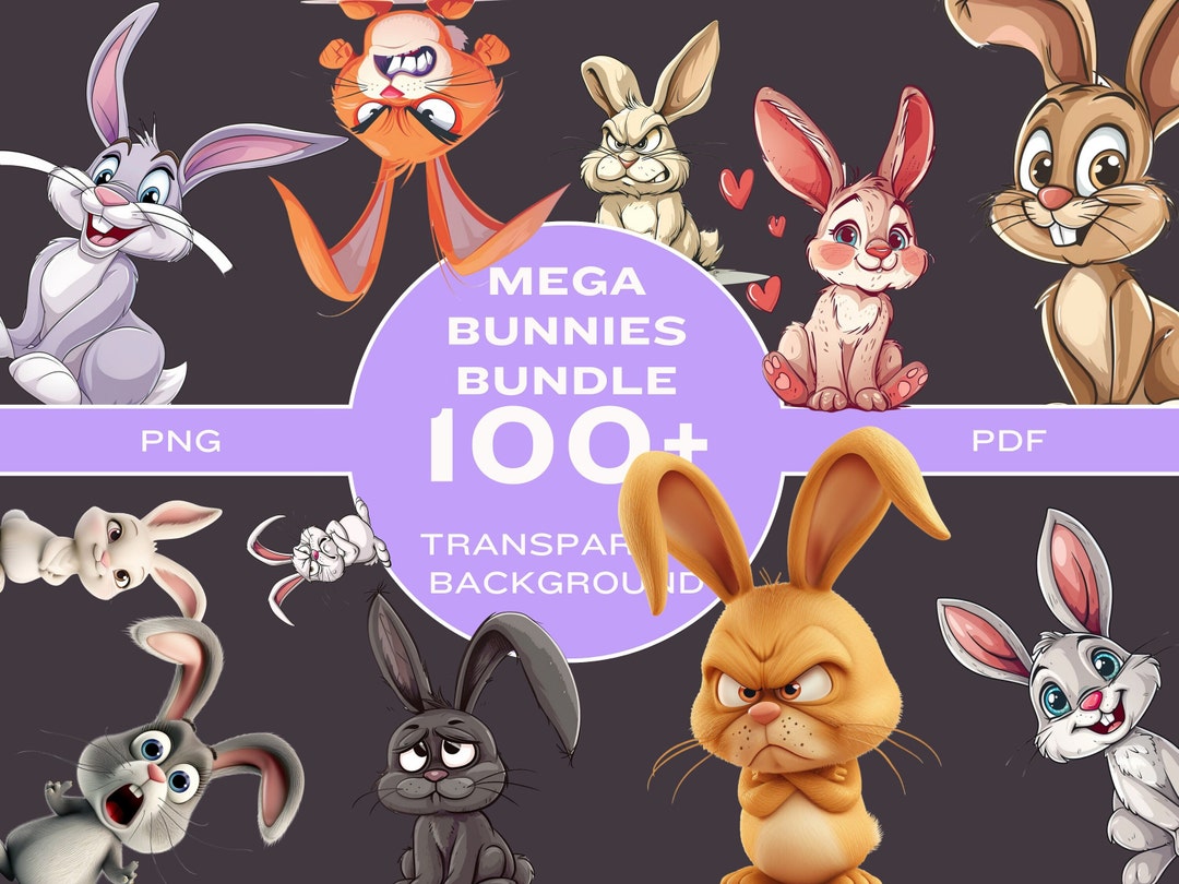 Bunny Emotions PNG Clipart Bundle, 100+ Rabbit Cartoon Designs (digital ...