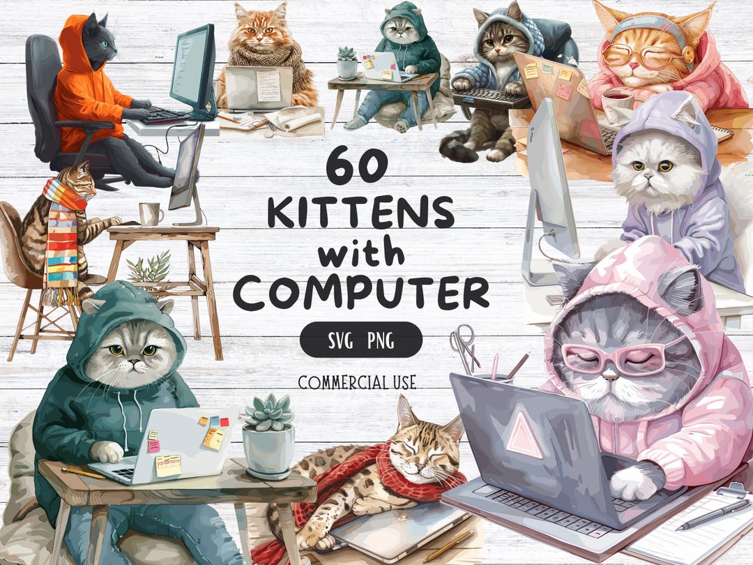 Cute Cat Computer Clipart Bundle Digital Cat Art PNG Cat With Laptop ...