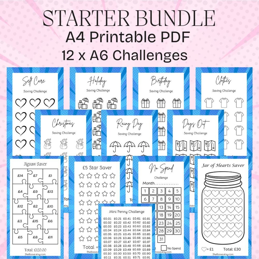 Starter Saving Challenge Trackers Bundle, 12 Printable A6 Digital ...
