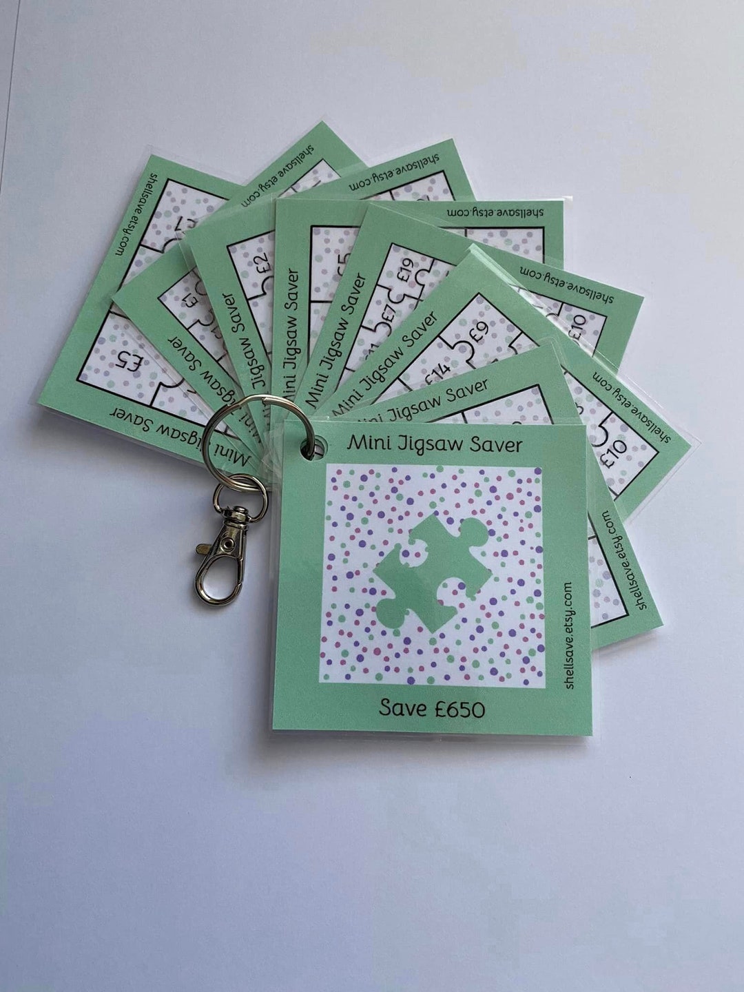 Mini Saving Challenge Green Jigsaw Keyring Saver, 20 10 5 2 1 50p Pound ...