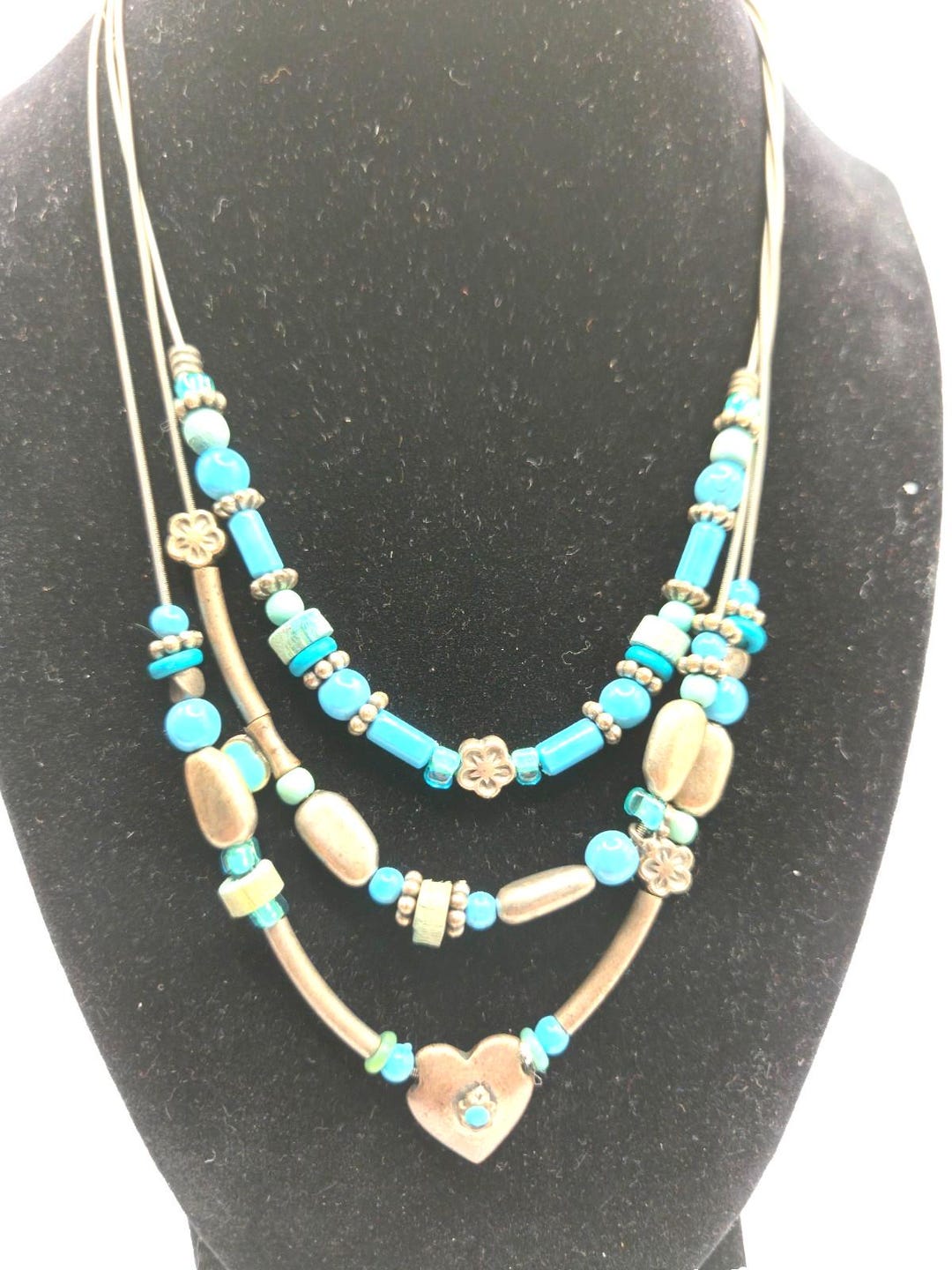 Pilgrim Danish Design Triple Strand Necklace Heart Flower Beads Vintage ...