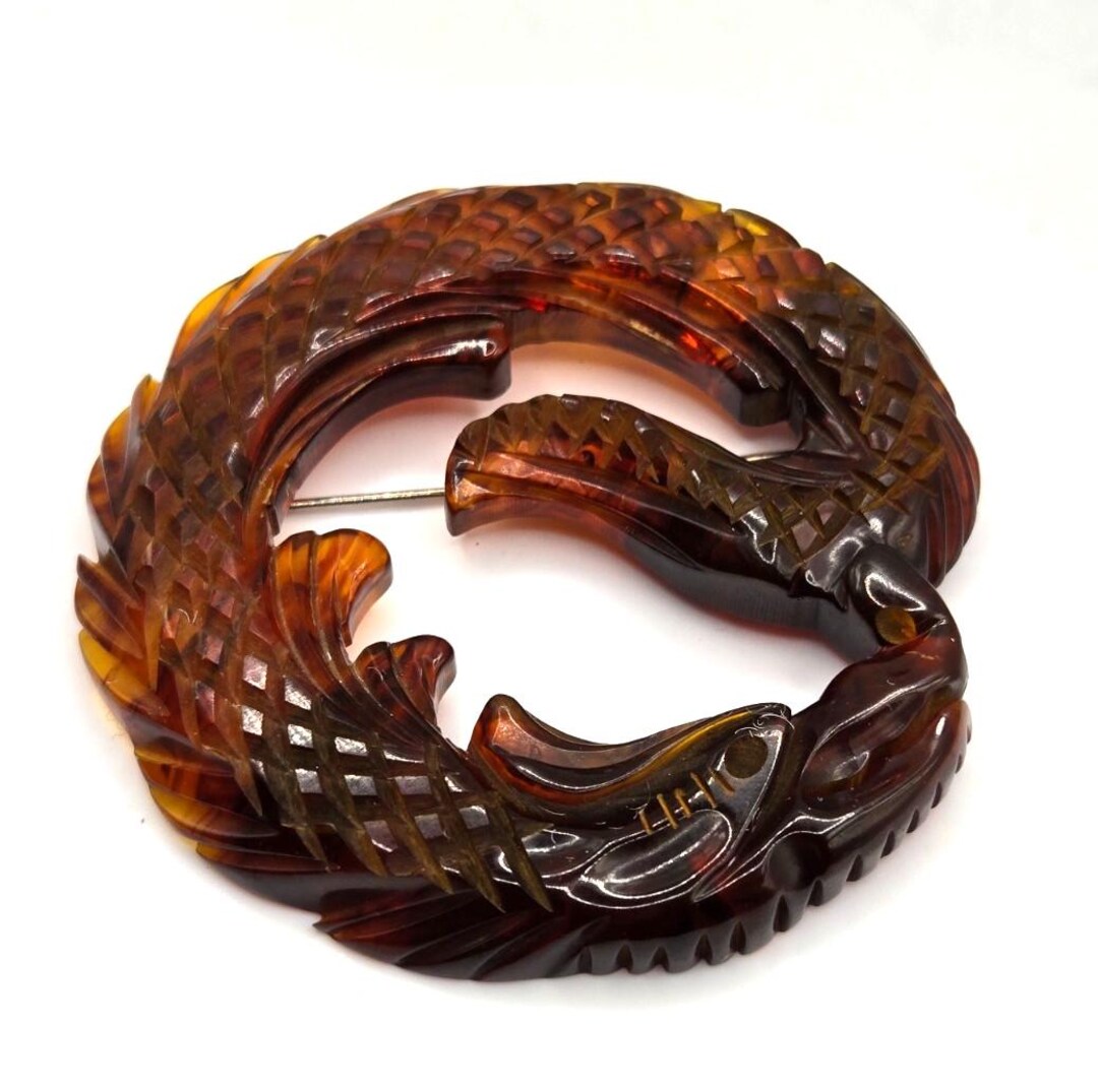 Antique Carved Bakelite Dragon/serpent Brooch Root Beer Gradient ...