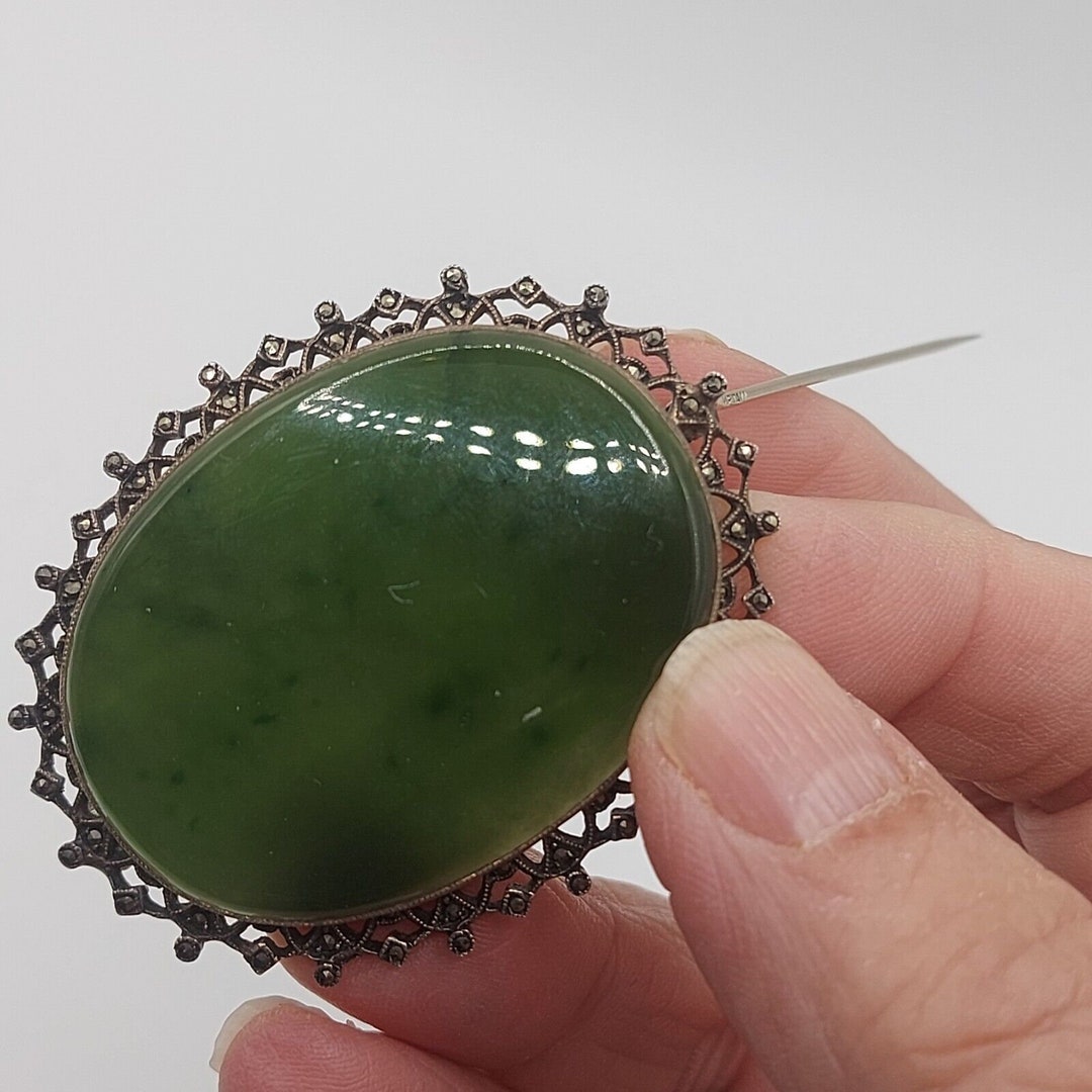 Victorian Jade and Silver Marcasite Brooch Signed Metaii 2 Inches Great ...