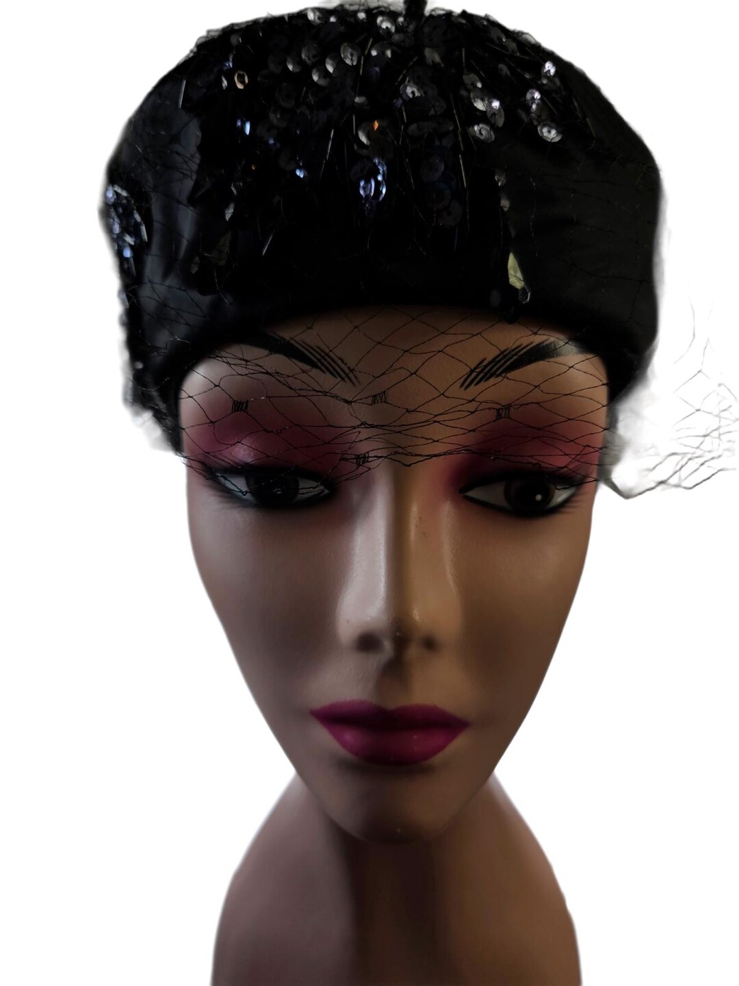 Vintage 1940s Black Satin and Beads Netted Hat W/ Original Price Tag ...