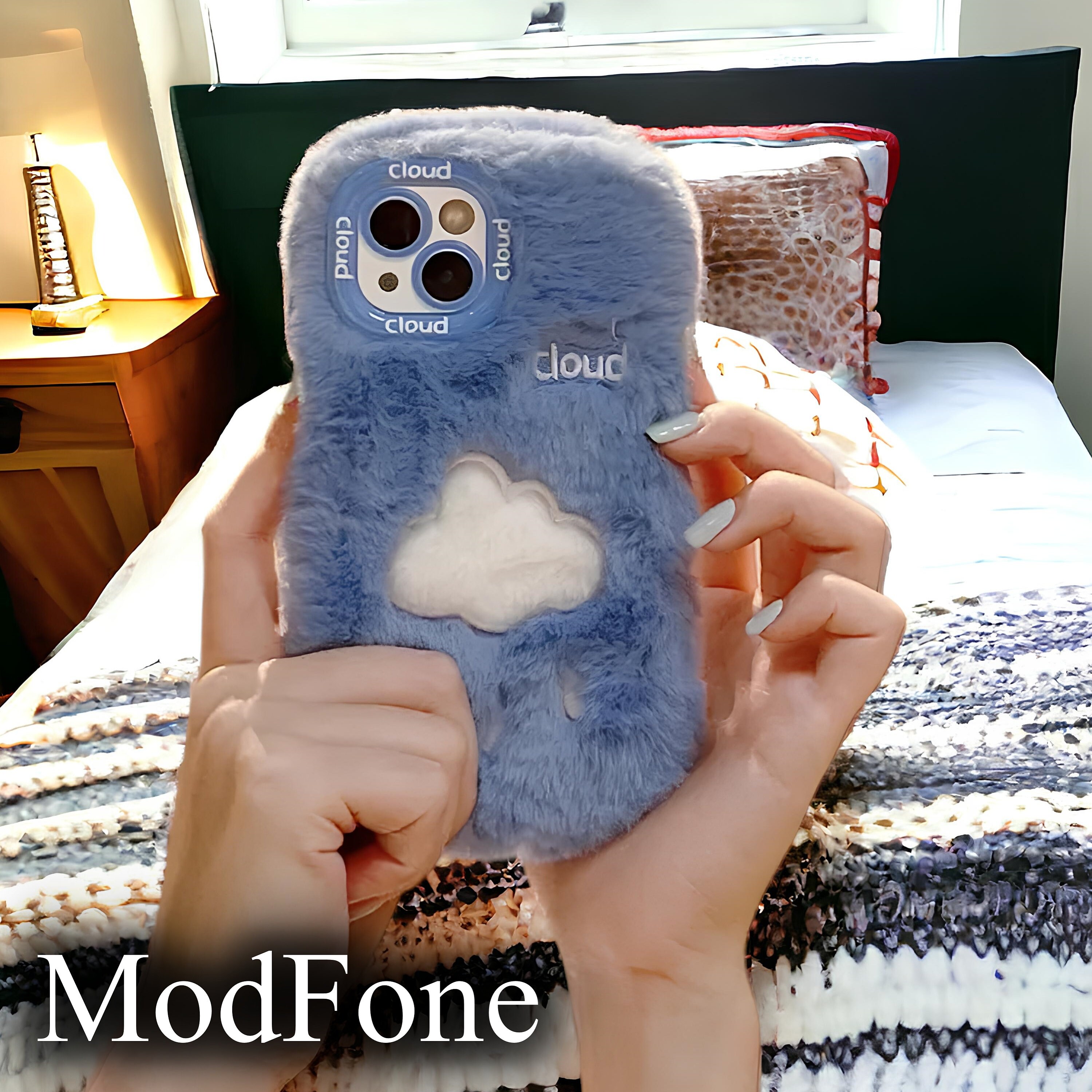 Fluffy Blue Cloud iPhone Case, White Blue Phone Case, iPhone 11 12 13 14 15, Soft Fluffy Phone ...