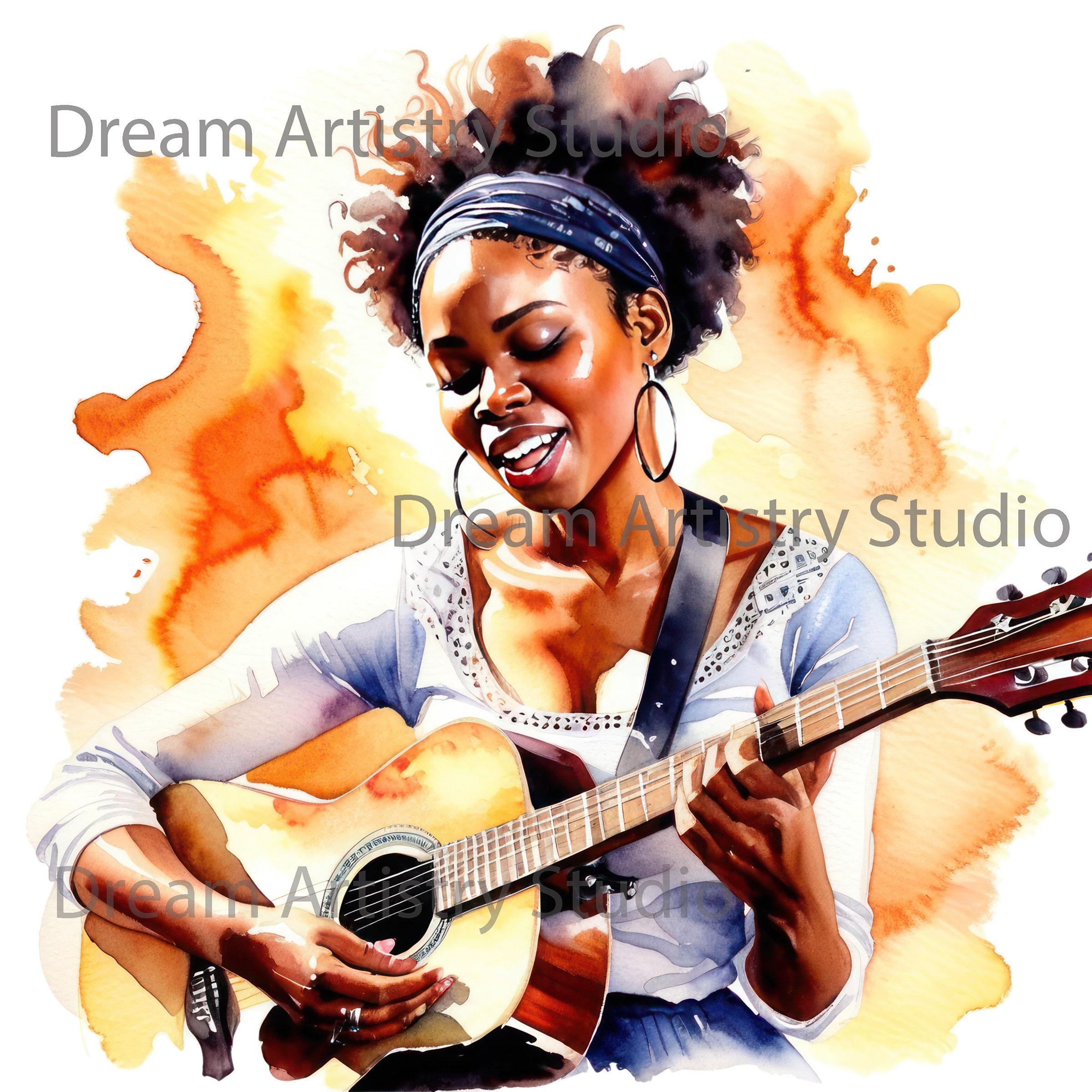 7 Watercolor Afro American Woman Singing and Playing Guitar Clipart ...
