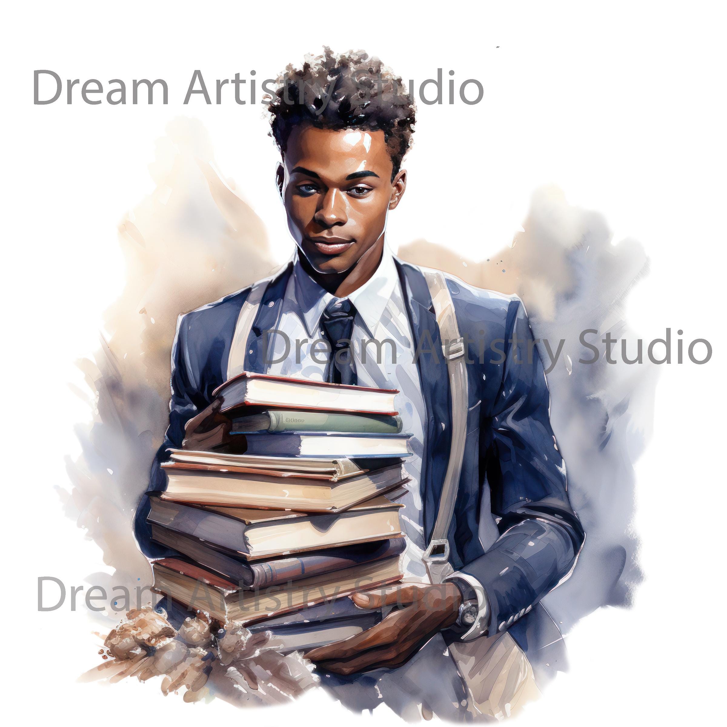 7 Watercolor Black Boy Student Clip Art, Book Lover Png, Reading Clip ...