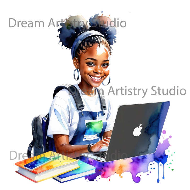 7 Watercolor Black Girl Student Clip Art, Work From Laptop Png ...