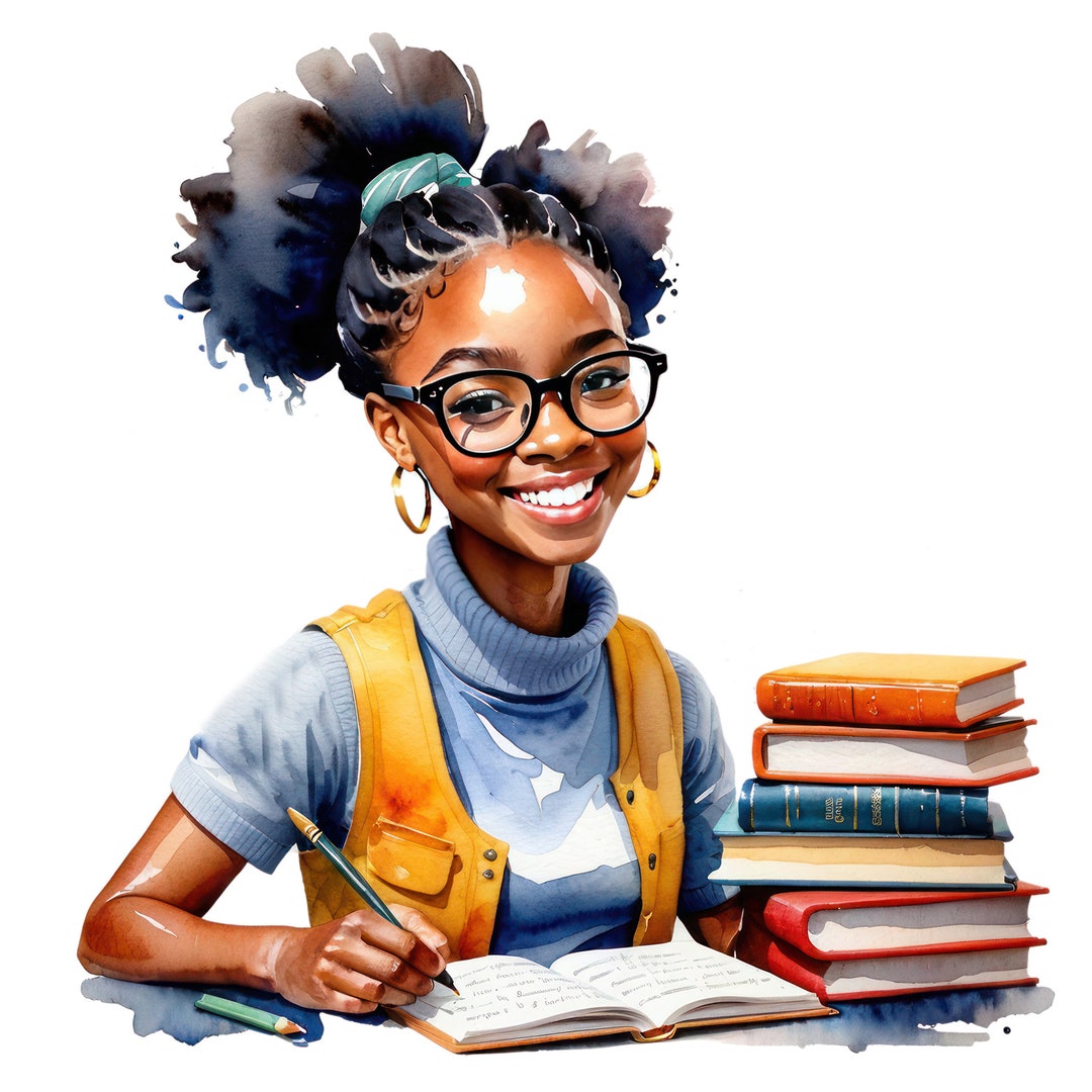 7 Watercolor Black Girl Student Clip Art, Book Lover Png, Reading Clip ...