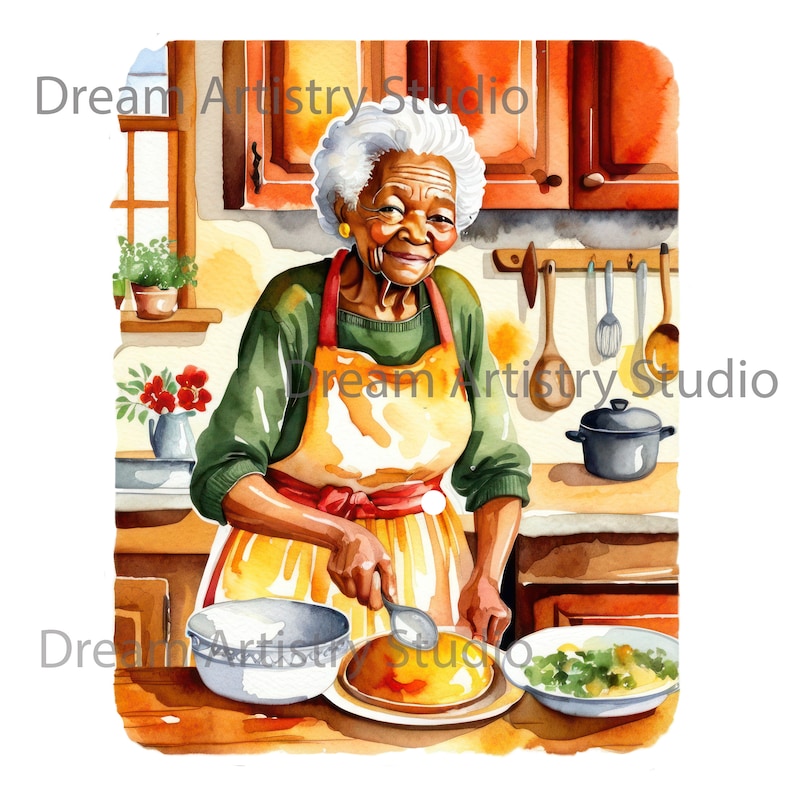 7 Watercolor Elderly Black Woman Cooking Clipart, Afro American Granny ...