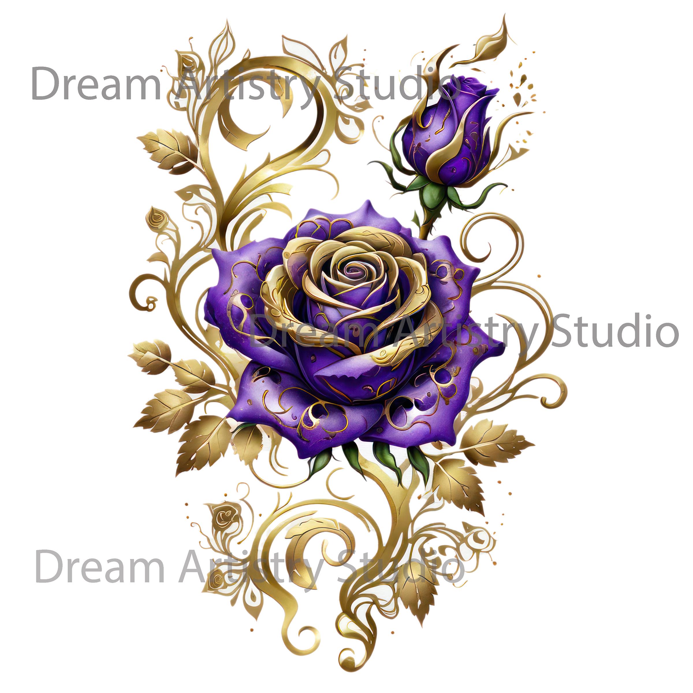 7 Gold Purple Roses Flowers Png, Printable Flowers Clipart, Printable ...