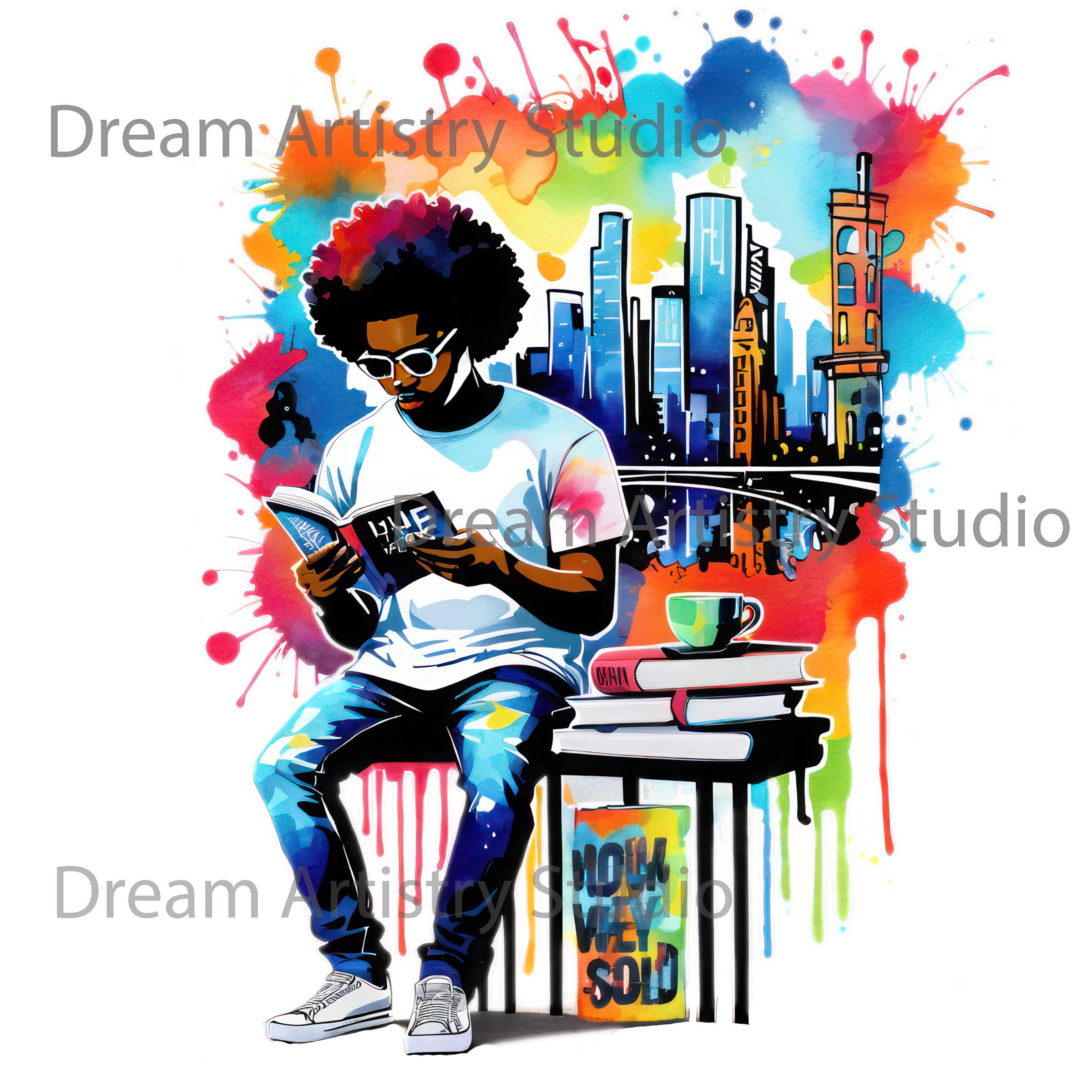 7 Watercolor Black Boy Bookworm Clip Art, Urban Reading Corner,reading ...