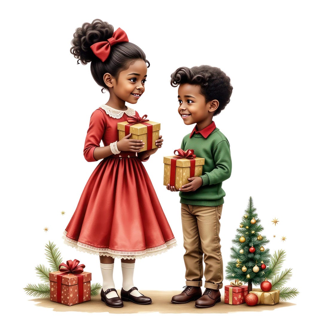 7 Watercolor Afro American Kids Christmas Scene Clipart, Black Children ...
