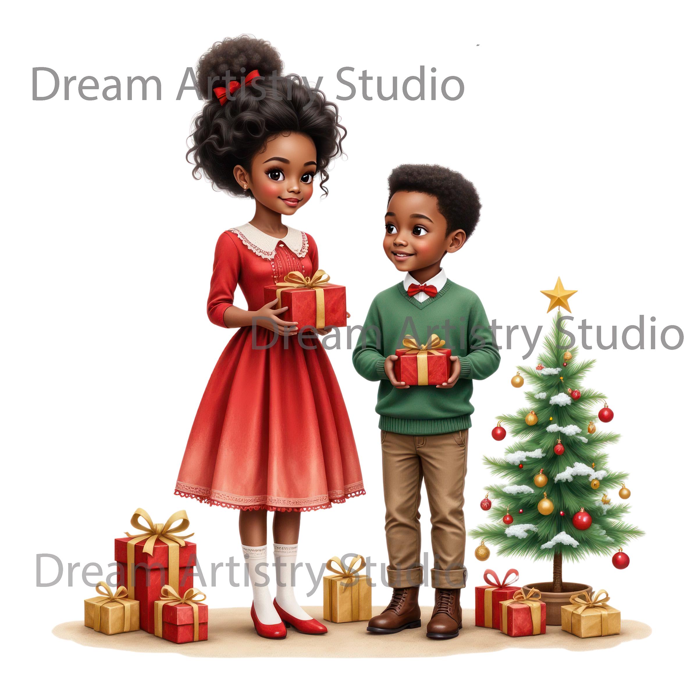 7 Watercolor Afro American Kids Christmas Scene Clipart, Black Children ...
