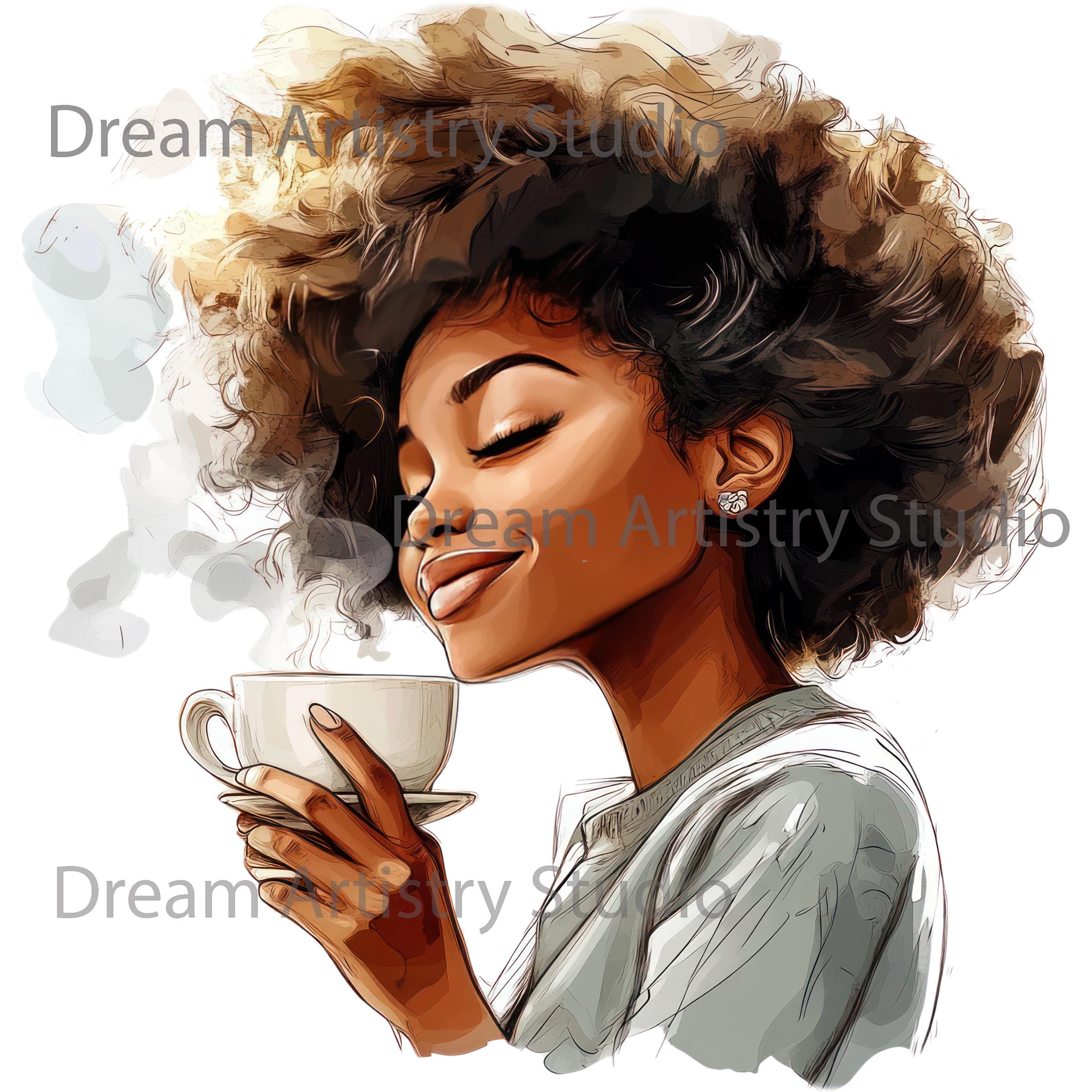 Watercolor Black Girl Drinking Coffee Clip Art, Woman and Coffee Png ...