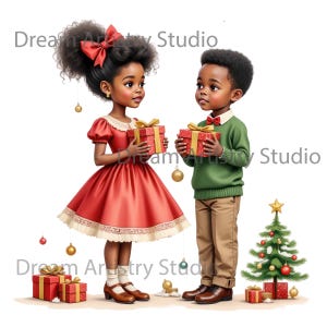 7 Watercolor Afro American Kids Christmas Scene Clipart, Black Children ...