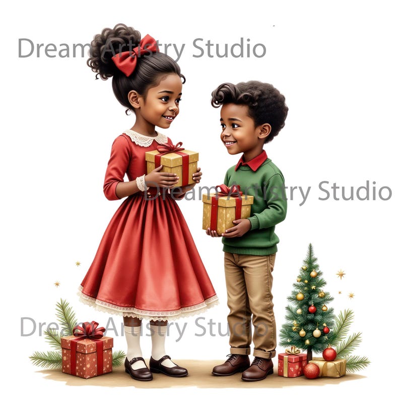 7 Watercolor Afro American Kids Christmas Scene Clipart, Black Children ...