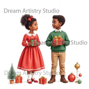 7 Watercolor Afro American Kids Christmas Scene Clipart, Black Children ...