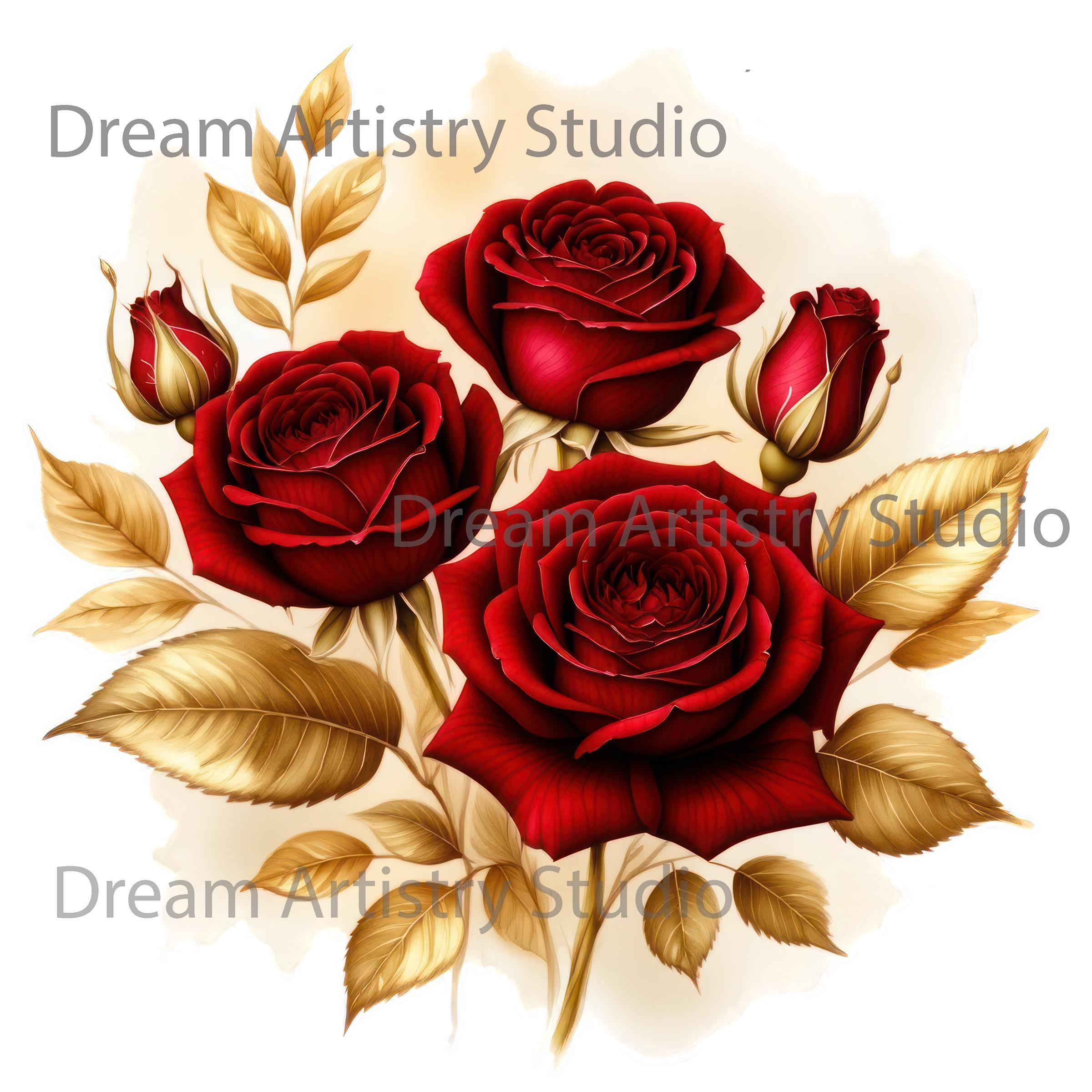 7 Red Gold Roses Flowers Png, Roses Watercolor Clipart, Commercial Use ...