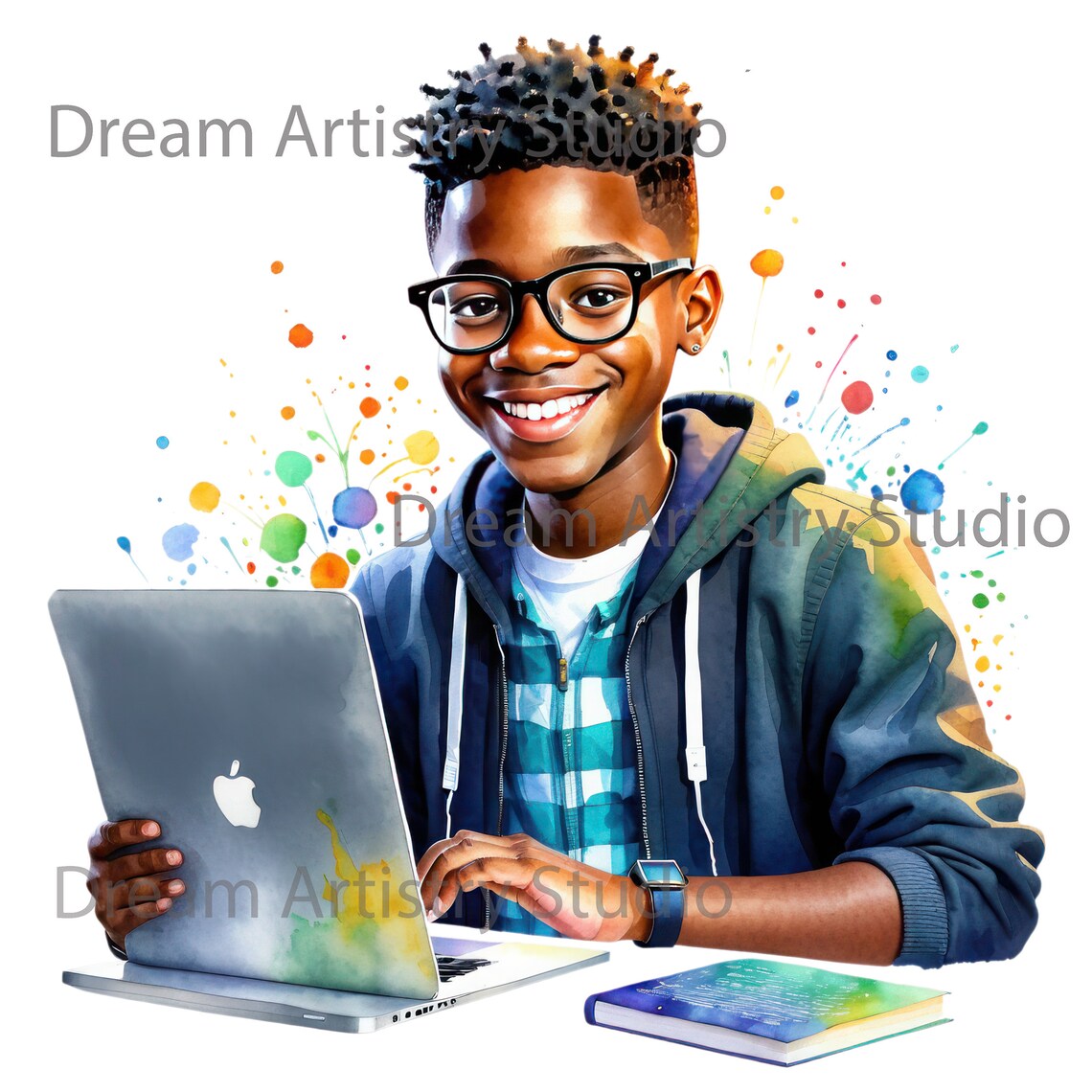 7 Watercolor Black Boy Student Clip Art, Book Lover Png, Reading Clip ...