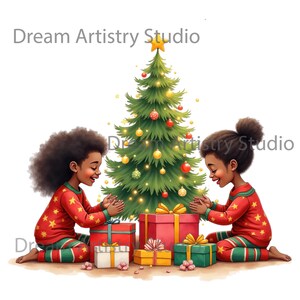 7 Watercolor Afro American Children Christmas Scene Clipart, Black Kids ...