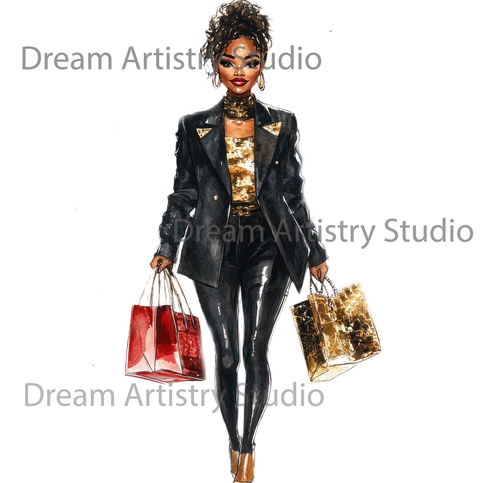 7 Watercolor Black Woman Shopper Clip Art, Afro American Woman Shopping ...