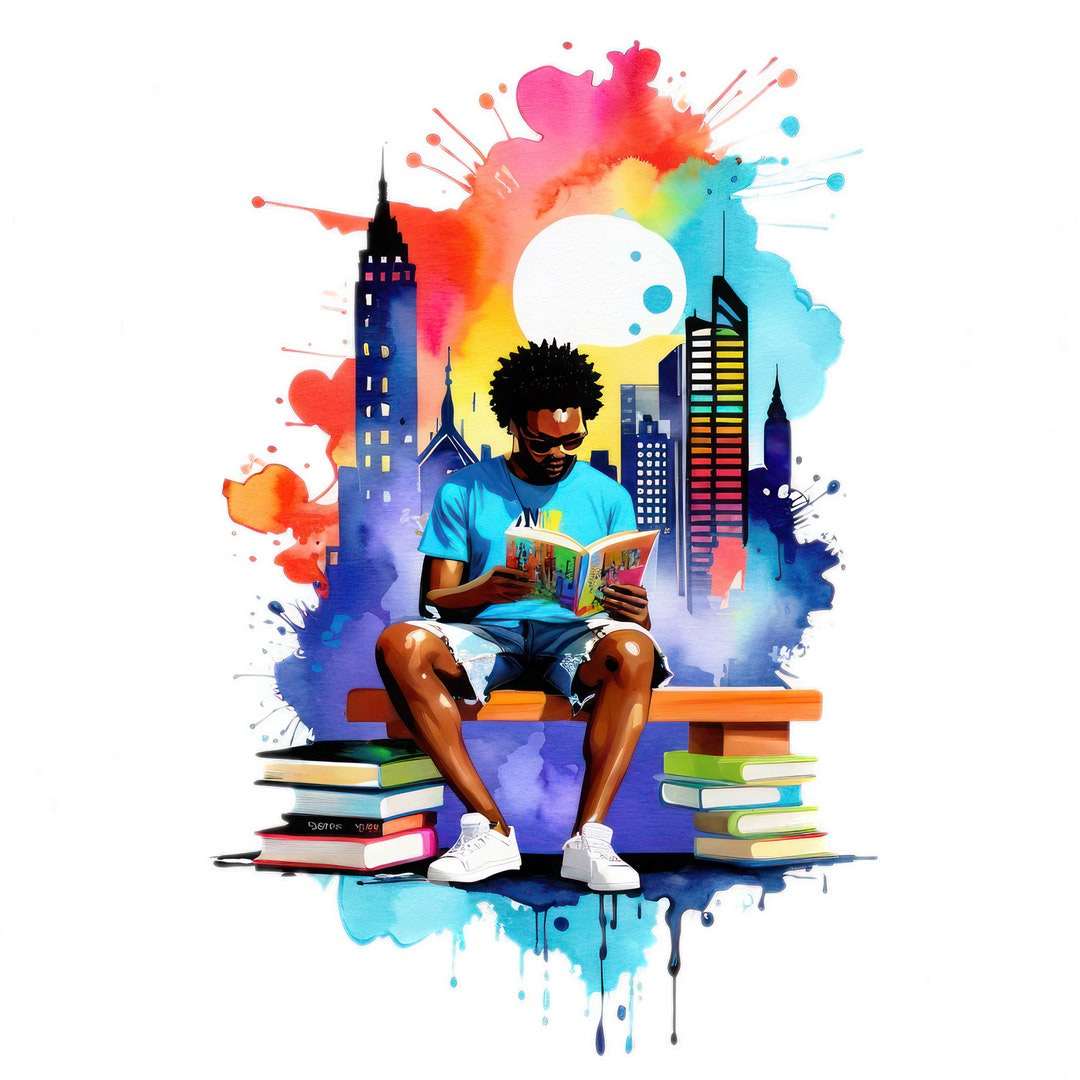 7 Watercolor Black Boy Bookworm Clip Art, Urban Reading Corner,reading ...