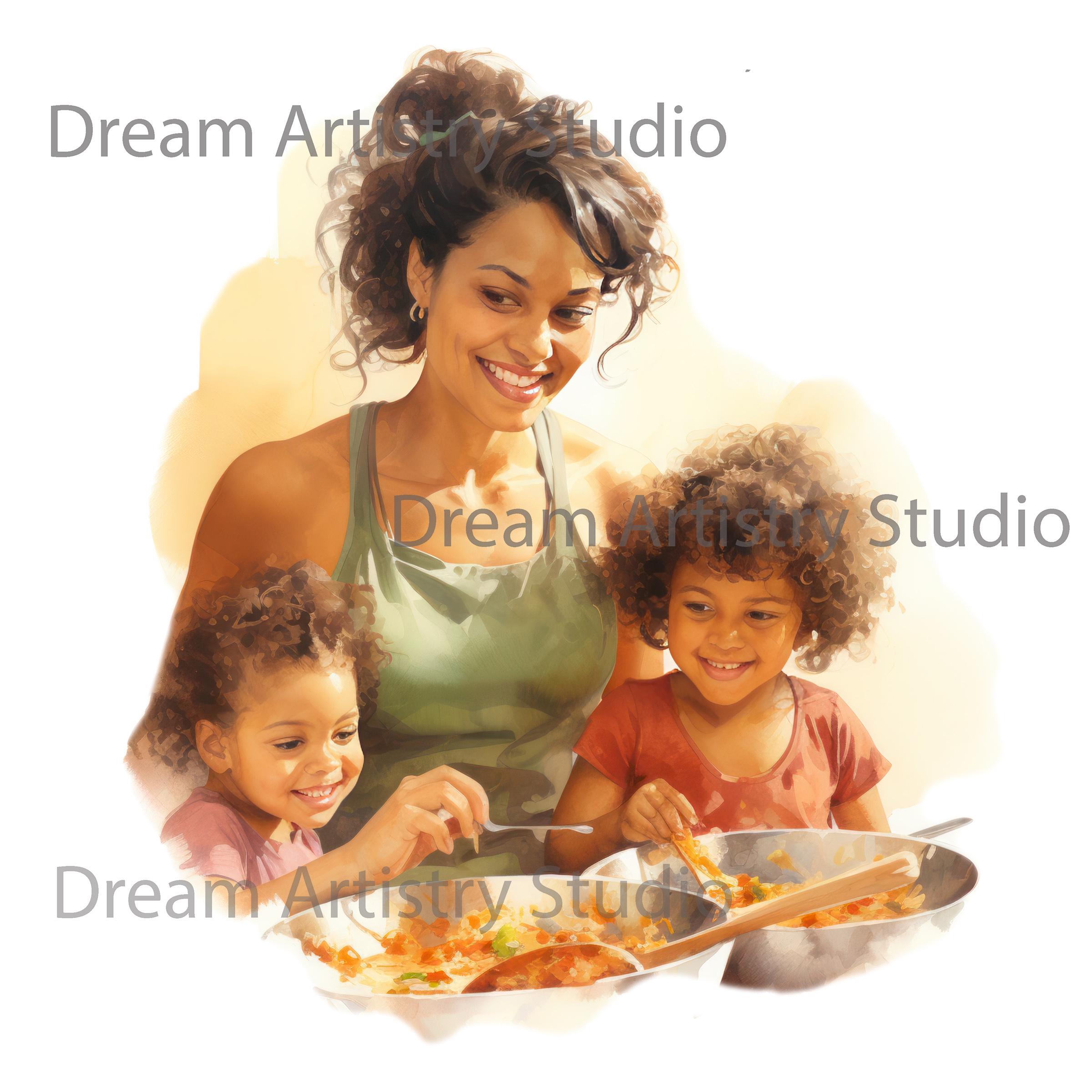 7 Watercolor Family Cooking Clipart, Mom and Girls Cooking Png, Kids ...