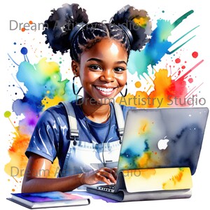7 Watercolor Black Girl Student Clip Art, Work From Laptop Png ...