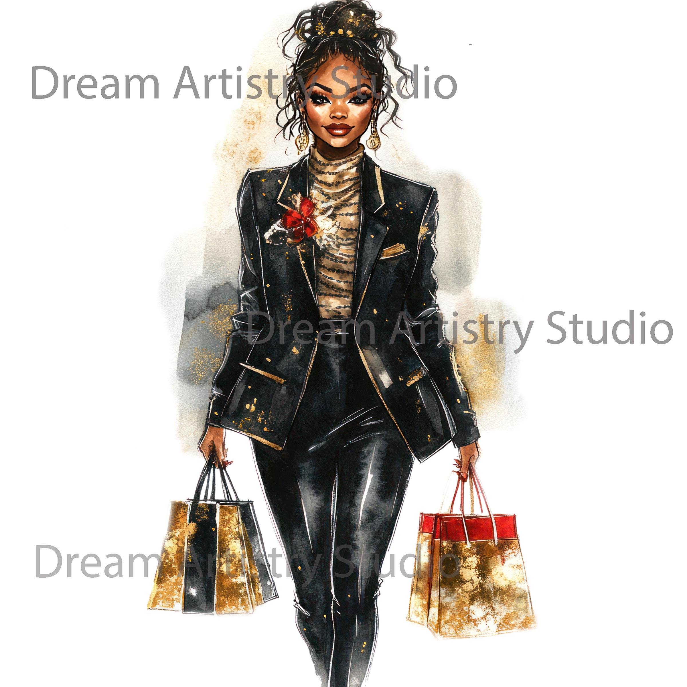 7 Watercolor Black Woman Shopper Clip Art, Afro American Woman Shopping ...