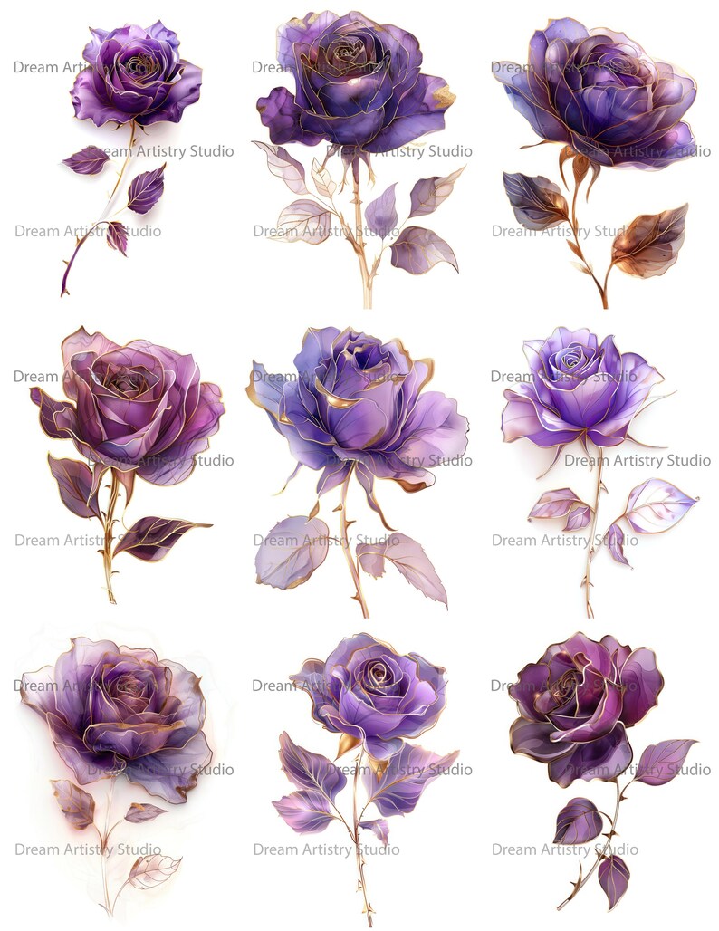 15 Purple Gold Roses Flowers Clipart, Purple Flowers Clipart, Printable ...