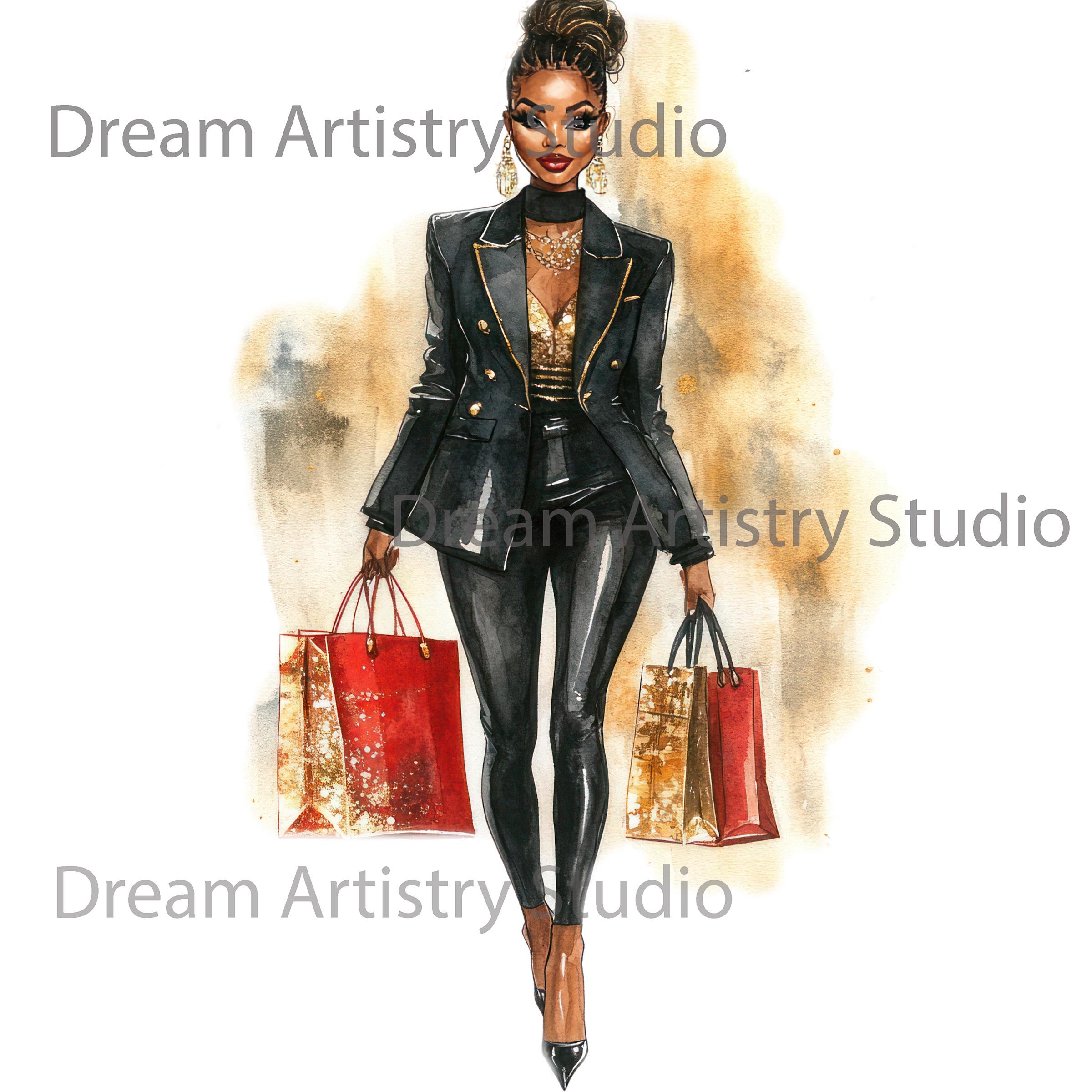 7 Watercolor Black Woman Shopper Clip Art, Afro American Woman Shopping ...