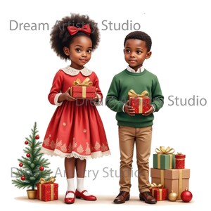 7 Watercolor Afro American Kids Christmas Scene Clipart, Black Children ...