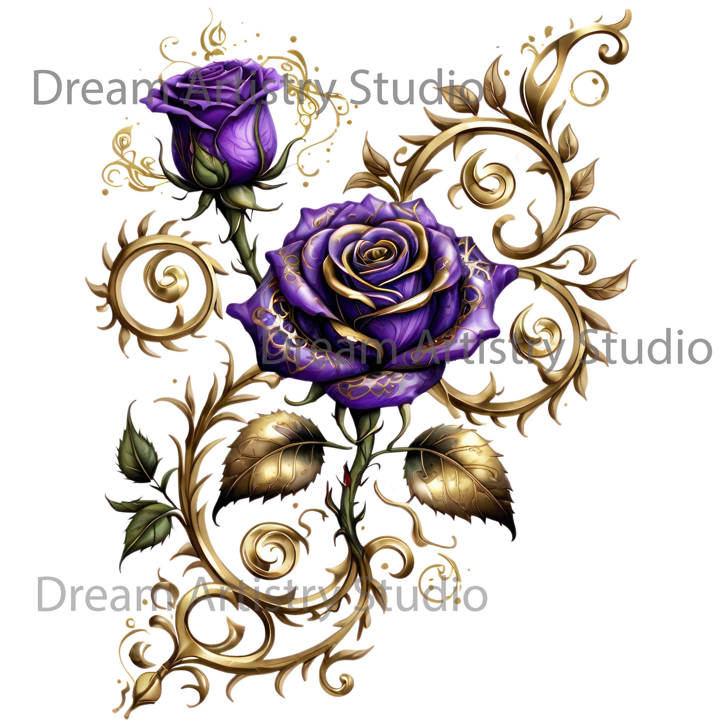 7 Gold Purple Roses Flowers Png, Printable Flowers Clipart, Printable ...