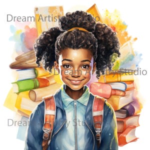 7 Watercolor Black Girl Back to School Clip Art, Book Lover Png ...