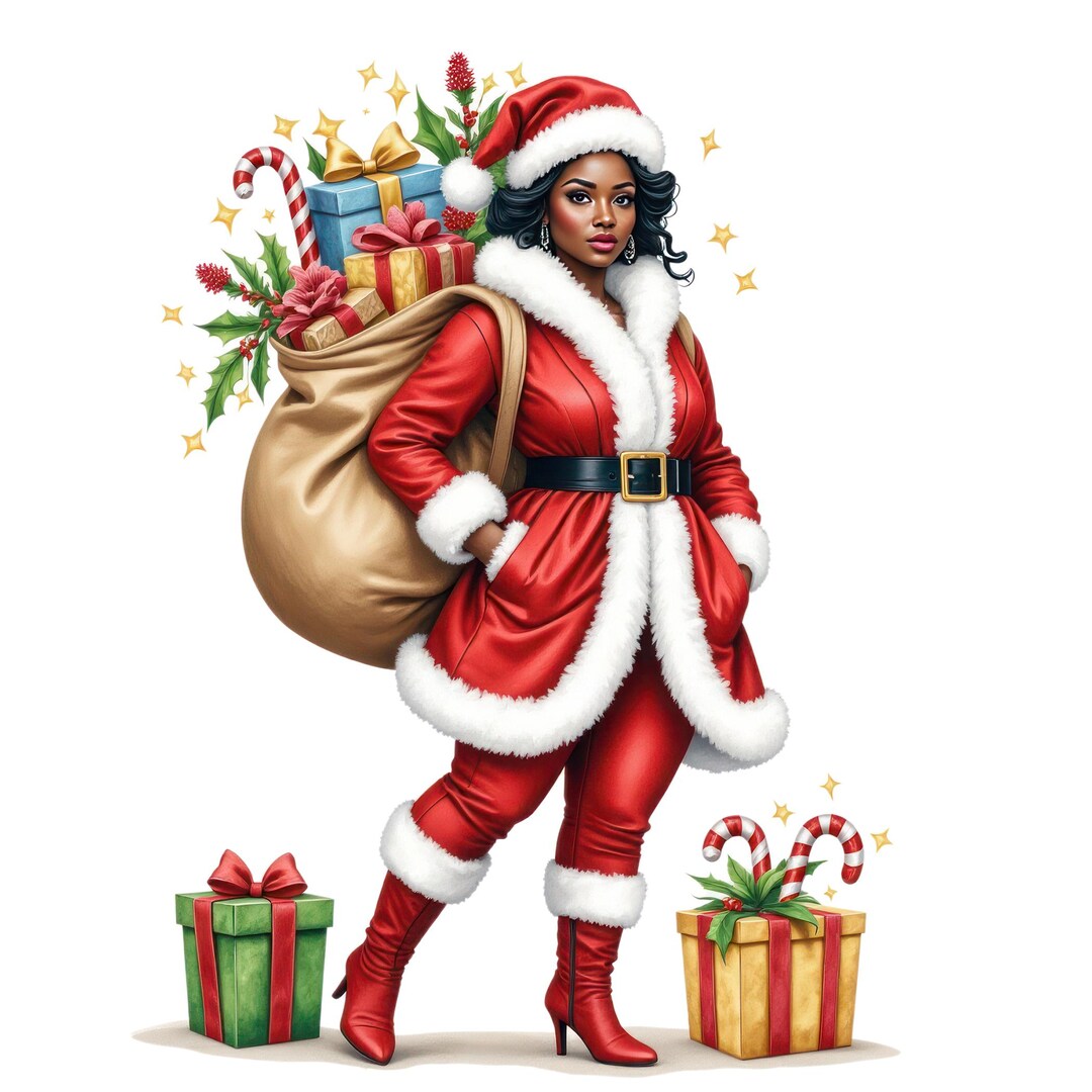 7 Watercolor Afro American Santa Girl Christmas Scene Clipart, Black ...