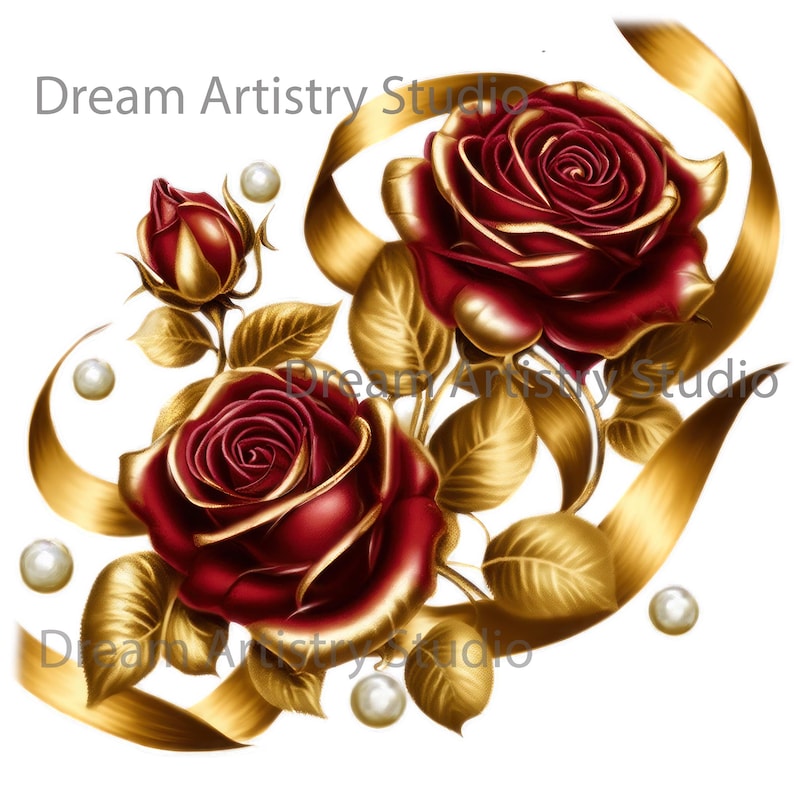 7 Red Gold Roses Flowers Png, Roses Watercolor Clipart, Commercial Use ...