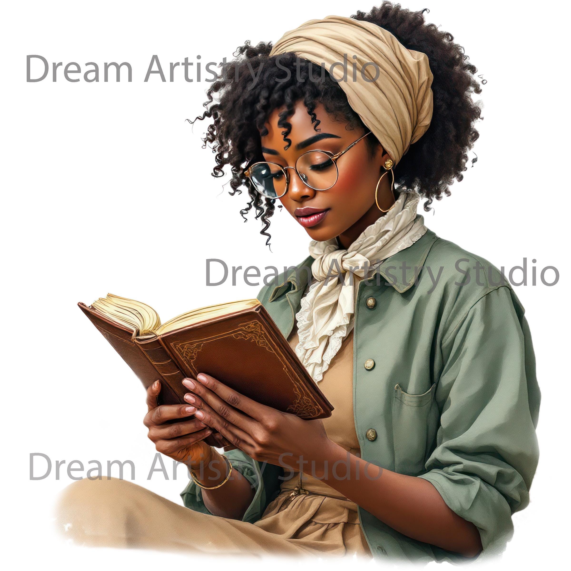 Watercolor Vintage Style Black Girl Reading Clip Art, Book Png, Reading ...